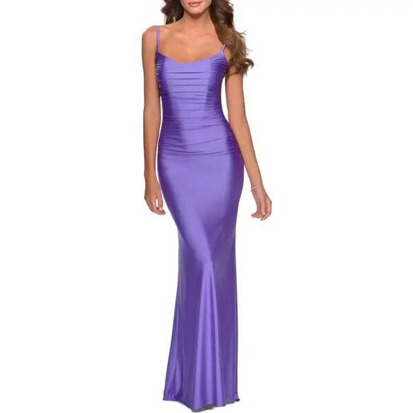 La Femme Long Ruched Jersey Dress - Periwinkle
