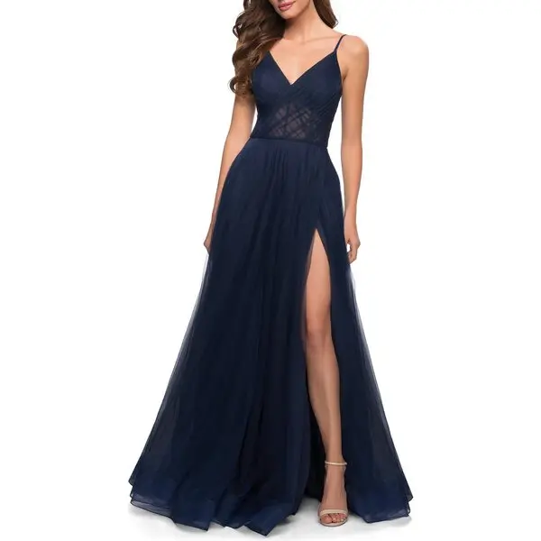 La Femme A-line Tulle Gown - Navy