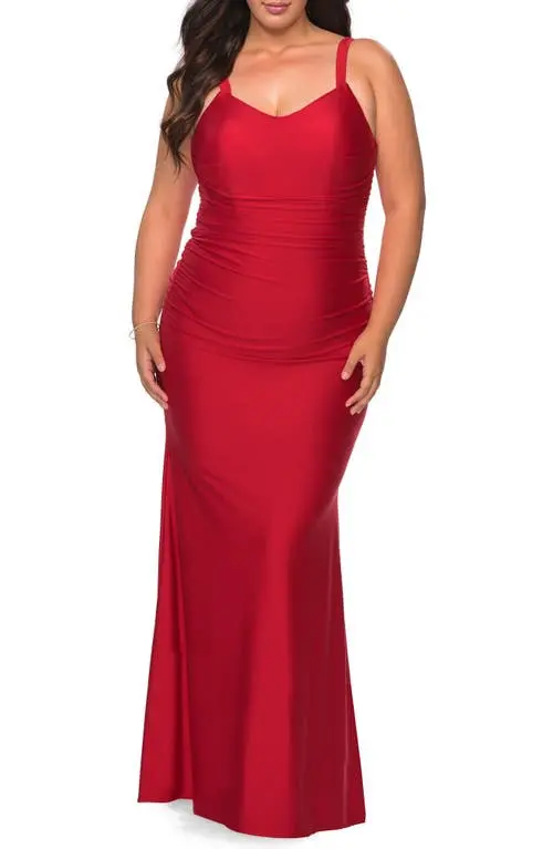 La Femme Long Ruched Jersey Dress