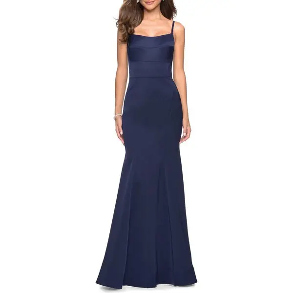La Femme Fitted Long Dress With Gold Zipper - Navy