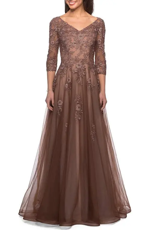 La Femme A-line Tulle Gown With Floral Lace - Cocoa