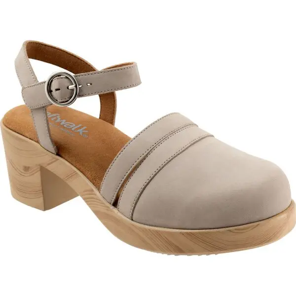 Softwalk Platform Clogs With Ankle Strap - Grey Nubuck