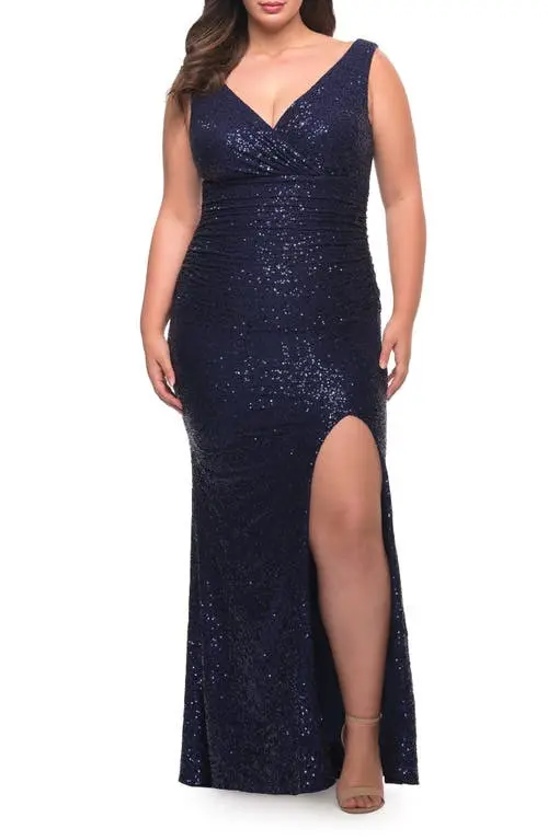 La Femme Sequin Gown With Slit - Navy