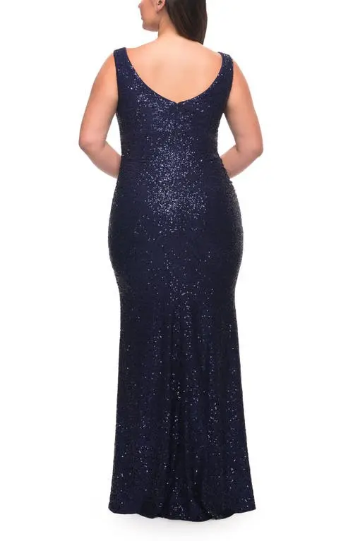 La Femme Sequin Gown With Slit - Navy