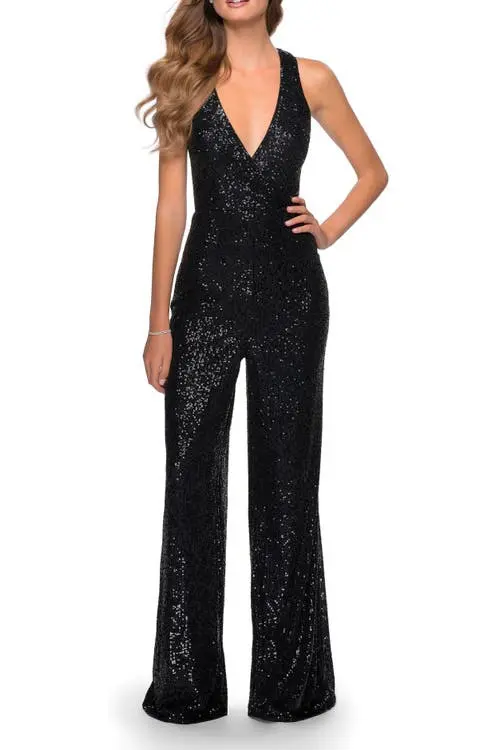 LABOMME Sequin Jumpsuit With Criss-cross Back - Black