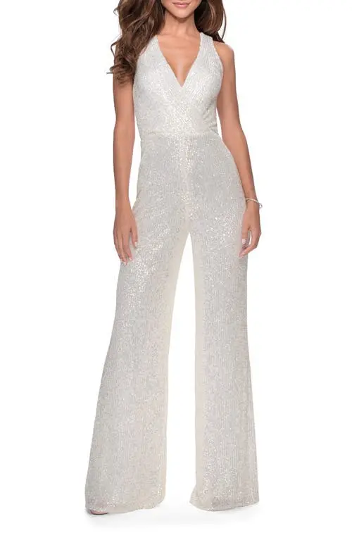 LABOMME Sequin Jumpsuit With Criss-cross Back - White