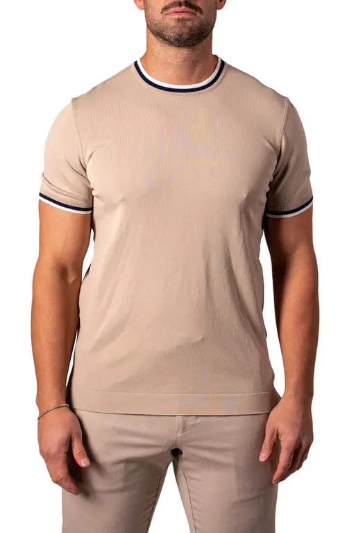 MACEOO Tipped Short Sleeve Sweater - Light Brown