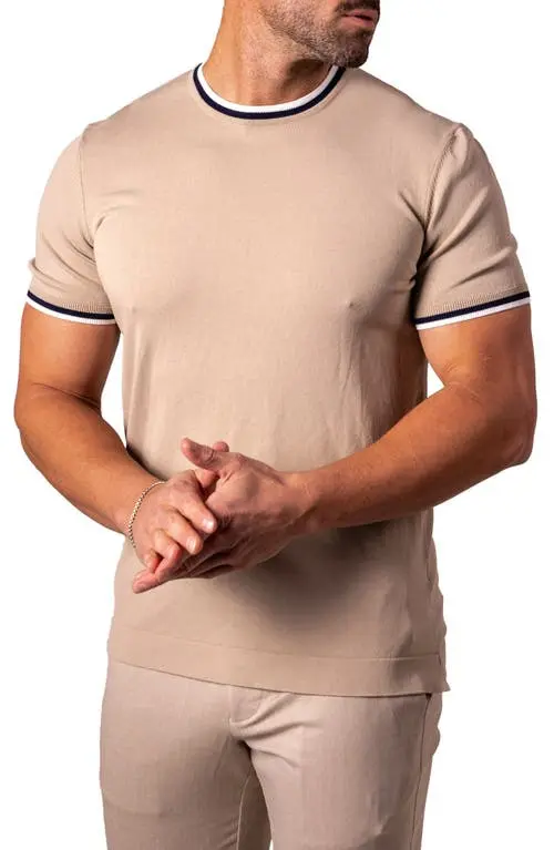 MACEOO Tipped Short Sleeve Sweater - Light Brown
