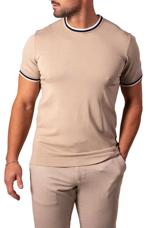 MACEOO Tipped Short Sleeve Sweater - Light Brown