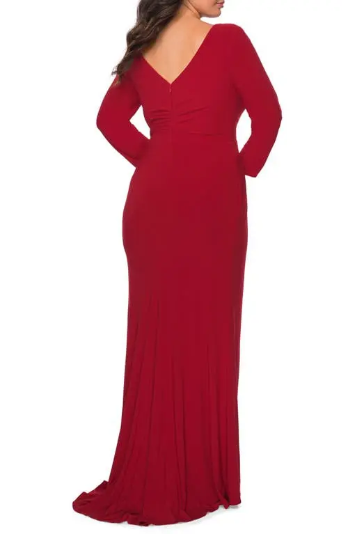 La Femme Long Sleeve Ruching Prom Dress - Red