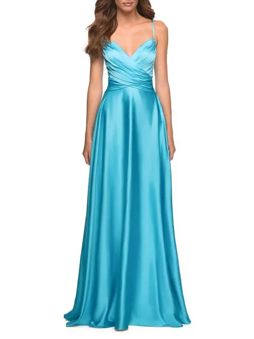 LABOMME Satin Gown With Criss-cross Bodice - Cloud Blue