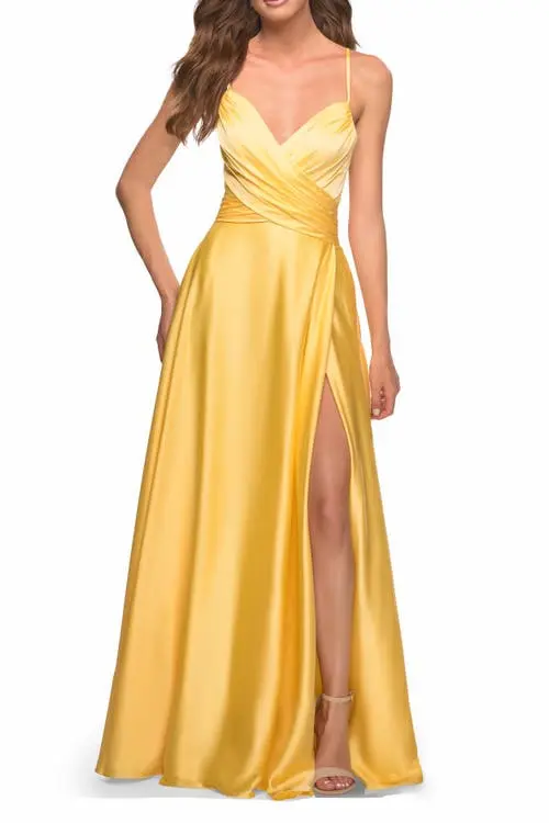 LABOMME Satin Gown With Criss-cross Bodice - Yellow