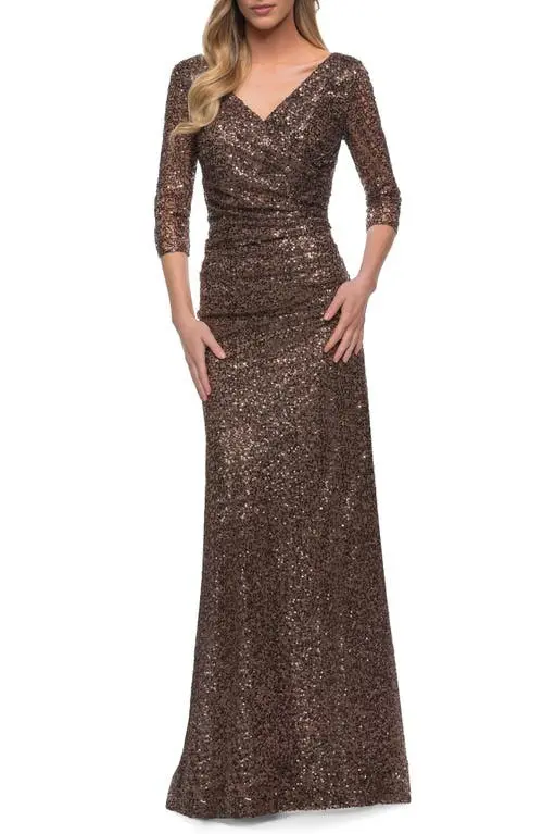 La Femme Sequin Gown With Three-quarter Sleeves