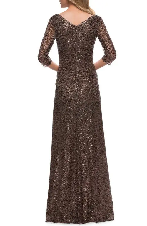 La Femme Sequin Gown With Three-quarter Sleeves