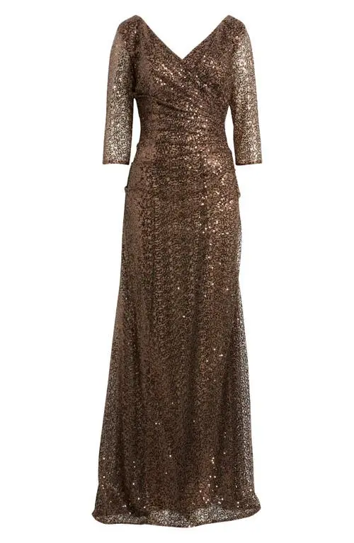 La Femme Sequin Gown With Three-quarter Sleeves
