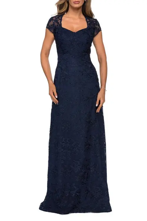 La Femme Cap Sleeve Floral Gown With Sweetheart Neckline - Navy