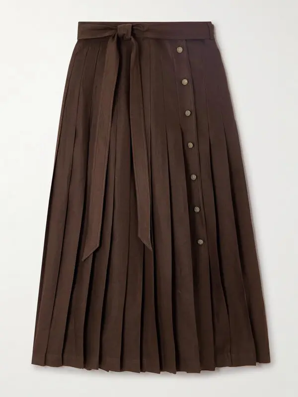 Loro Piana Yasmina Belted Pleated Linen-twill Wrap Skirt - Brown