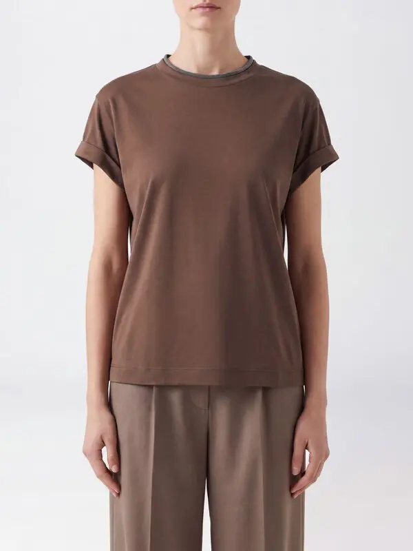 Brunello Cucinelli Stretch Cotton Crewneck T-shirt With Monili Embroidery - Brown