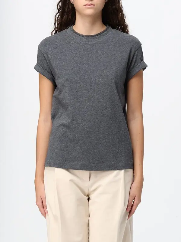 Brunello Cucinelli Stretch Cotton Crewneck T-shirt With Monili Embroidery - Grey