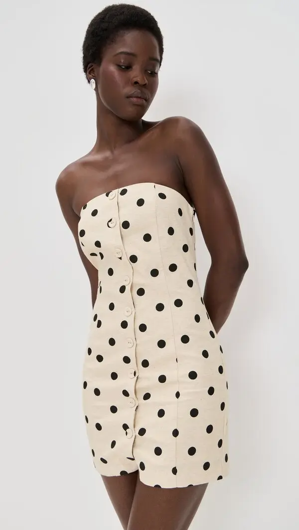 Endless Rose Polka Dot Linen Strapless Mini Dress - Sand/black