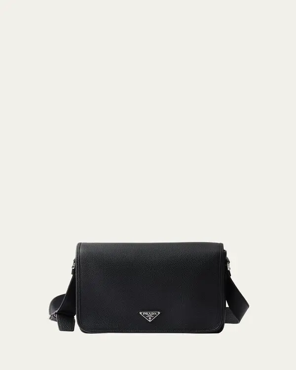 Prada Grained Leather Flap Crossbody Bag - Nero