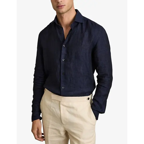 REISS Ruban Cutaway-collar Regular-fit Linen Shirt Xxl - Navy