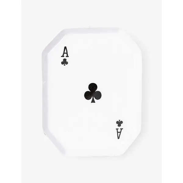 LES-OTTOMANS Ace Of Clubs Printed Iron Tray - White And Black