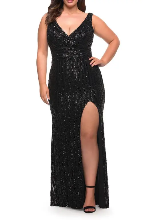 La Femme Sequin Column Gown With Slit