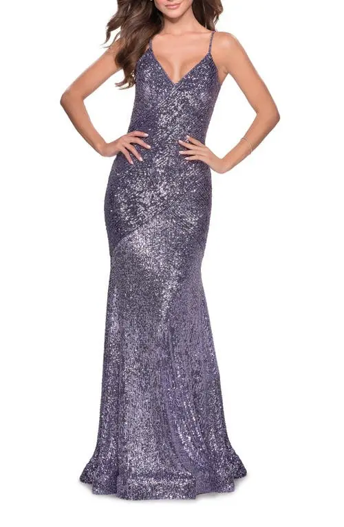 La Femme Sequin Drop Waist Gown With Criss Cross Open Back - Lavender