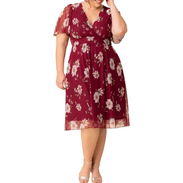 KIYONNA Margot Mesh Cocktail Dress - Raspberry Floral Print