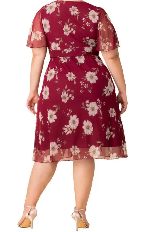 KIYONNA Margot Mesh Cocktail Dress - Raspberry Floral Print