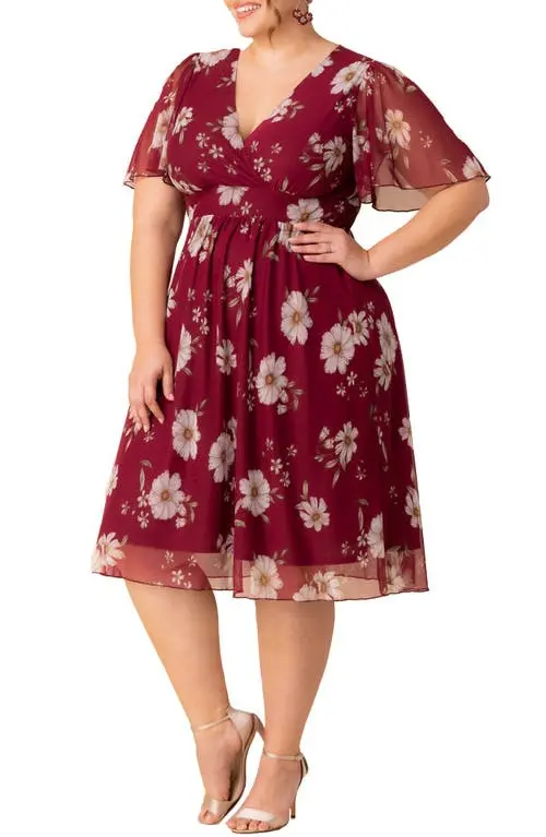 KIYONNA Margot Mesh Cocktail Dress - Raspberry Floral Print