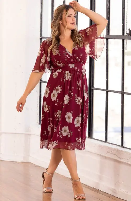 KIYONNA Margot Mesh Cocktail Dress - Raspberry Floral Print