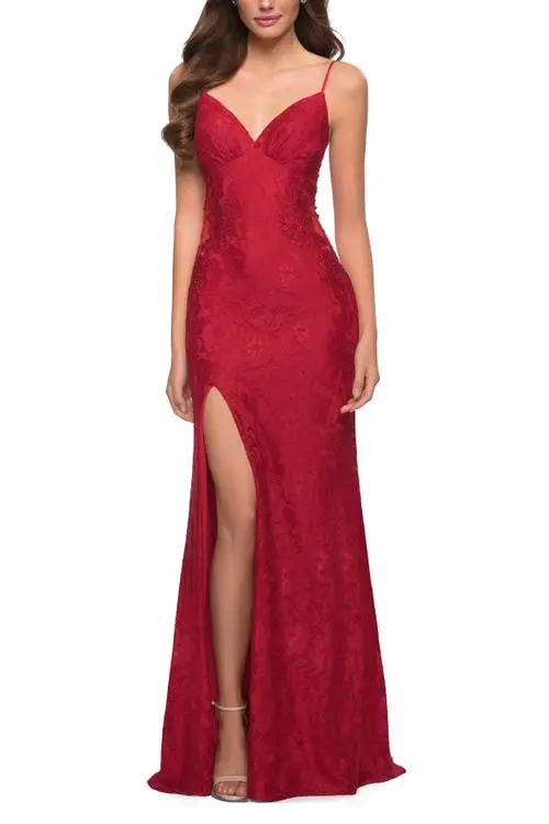 La Femme Lace Long Gown With Slit And Sheer Sides - Red