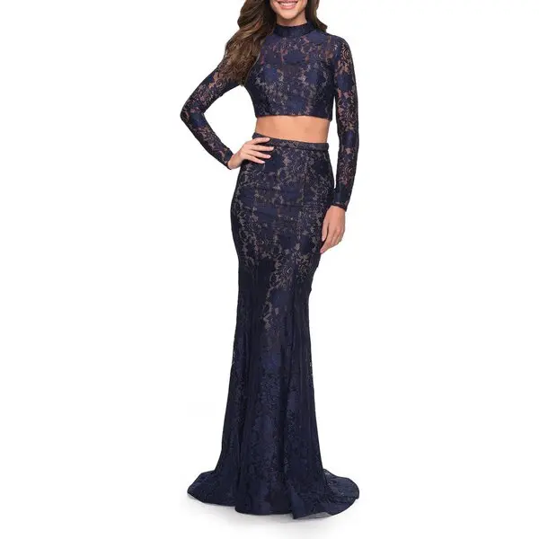 La Femme Long Sleeve Two-piece Lace Gown With Open Back - Navy