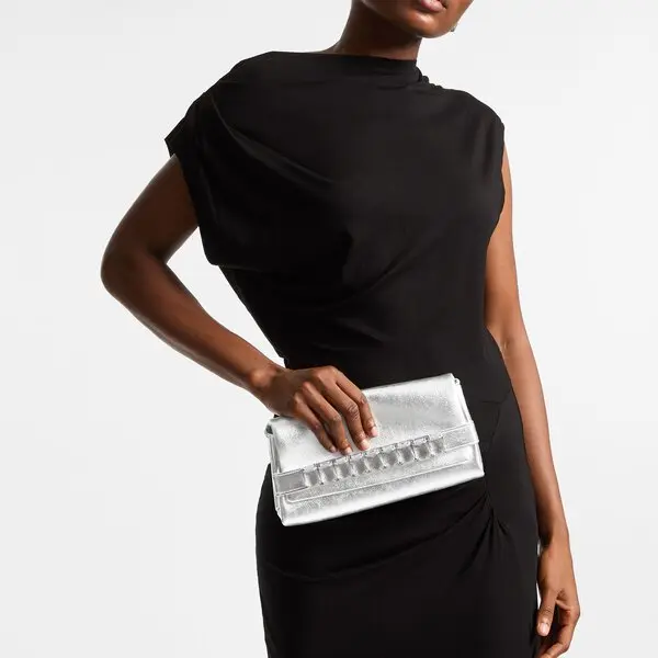 JIMMY CHOO Kya Metallic Nappa Leather Clutch Bag - Silver/crystal
