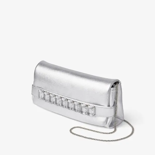JIMMY CHOO Kya Metallic Nappa Leather Clutch Bag - Silver/crystal