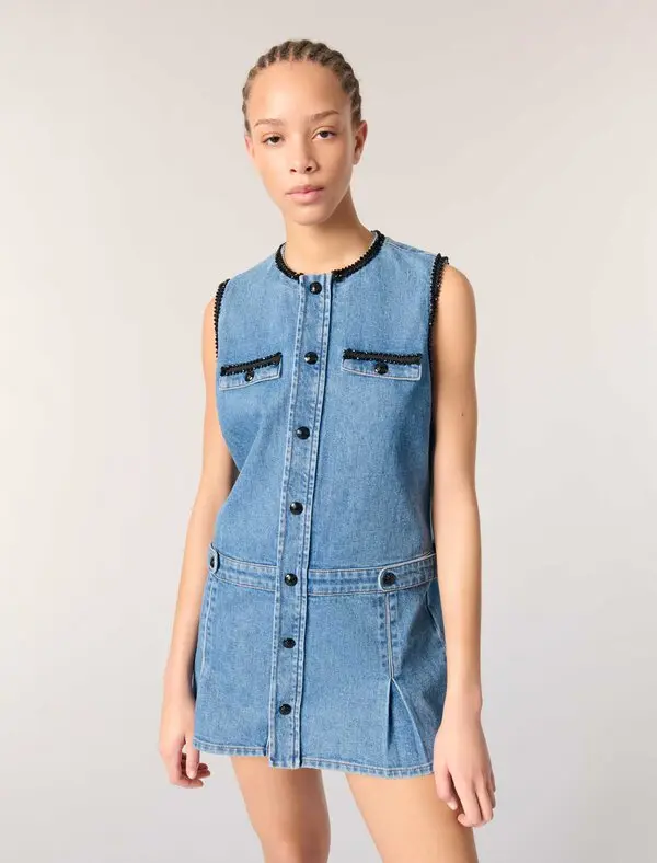 Maje Sleeveless Denim Mini Dress With Beaded Trim