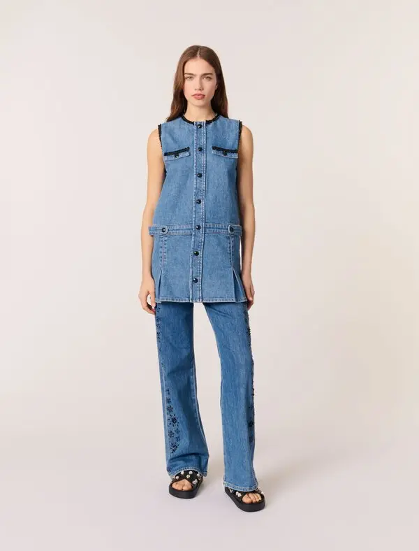 Maje Sleeveless Denim Mini Dress With Beaded Trim