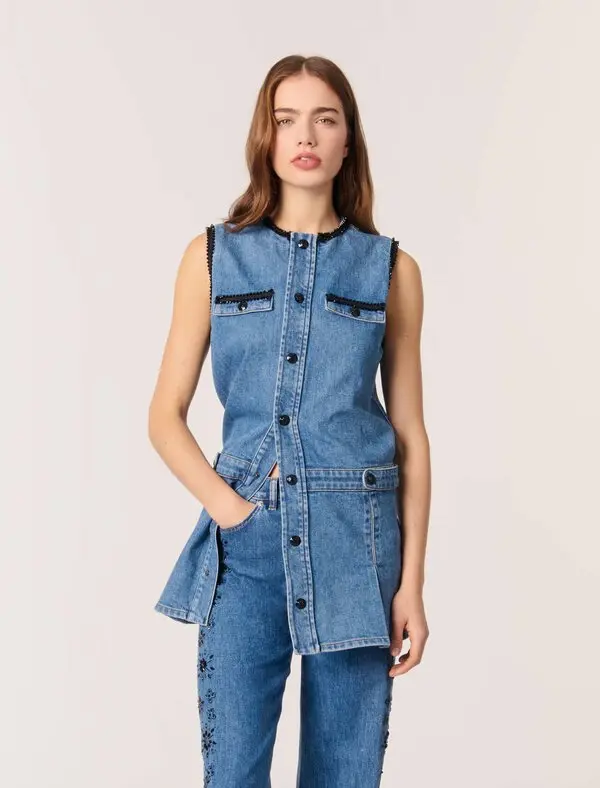 Maje Sleeveless Denim Mini Dress With Beaded Trim