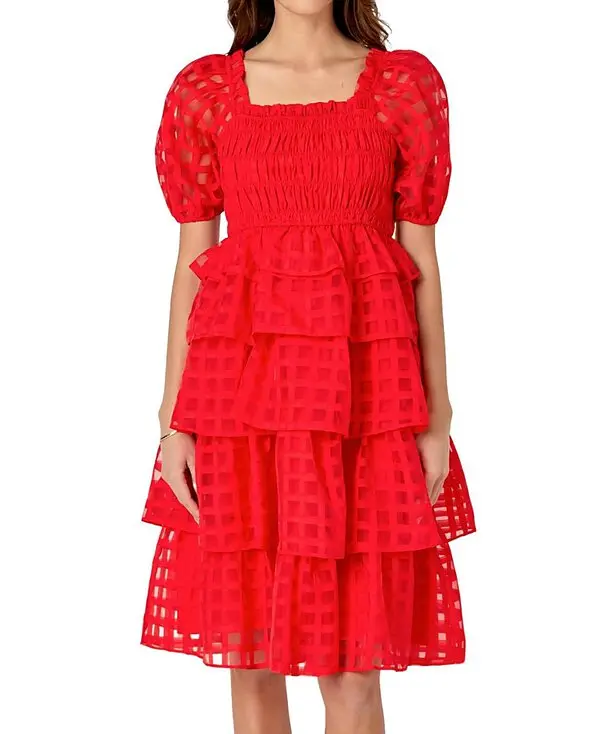 English Factory Check Organza Tie Midi Dress