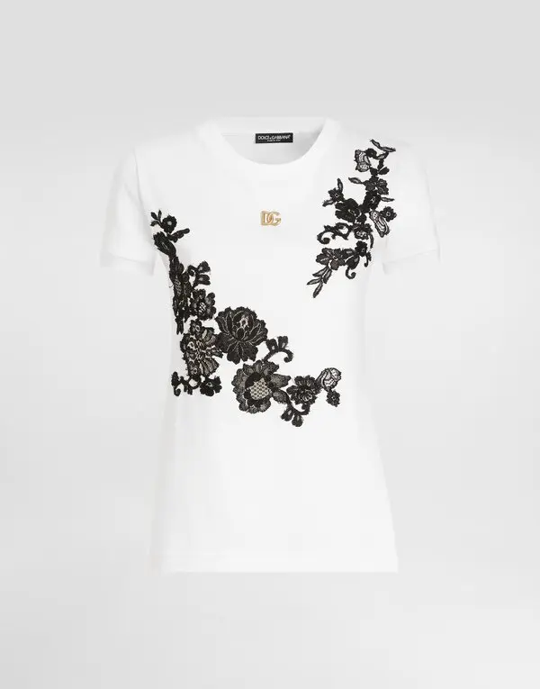 Dolce & Gabbana Jersey T-shirt With Dg Logo Pin And Lace Details - White