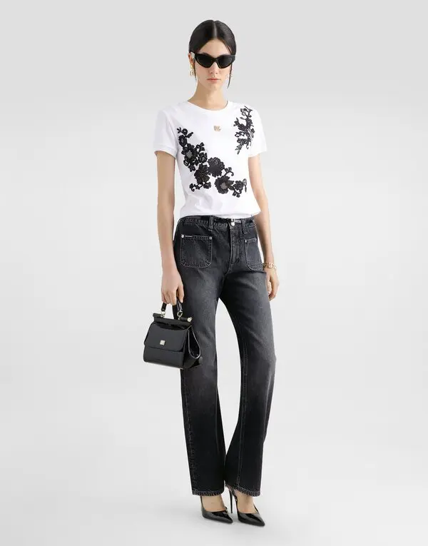 Dolce & Gabbana Jersey T-shirt With Dg Logo Pin And Lace Details