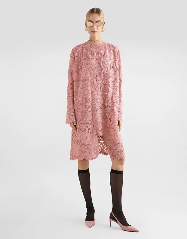 Dolce & Gabbana Floral Lace A-line Dress With Logo - Pink