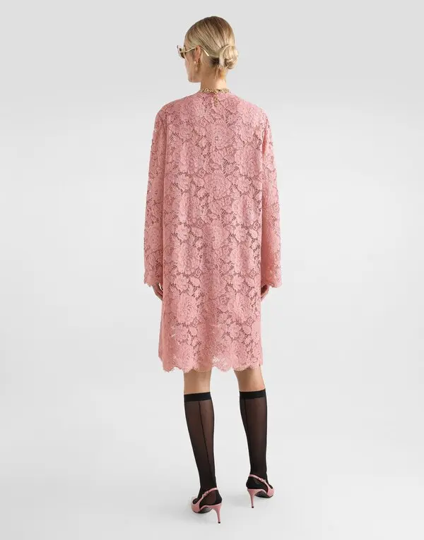 Dolce & Gabbana Floral Lace A-line Dress With Logo - Pink
