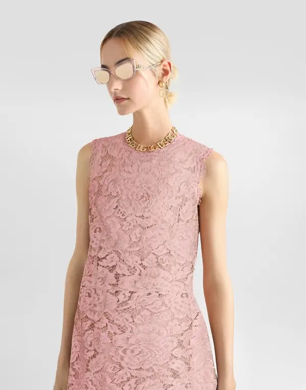 Dolce & Gabbana Floral Lace A-line Dress With Logo - Pink
