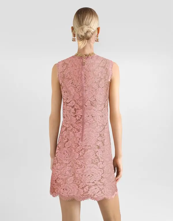 Dolce & Gabbana Floral Lace A-line Dress With Logo - Pink