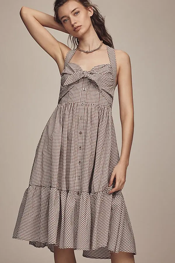 brown gingham halter dress You Again Floral Gingham Halter Mini Dress (Burgundy)
