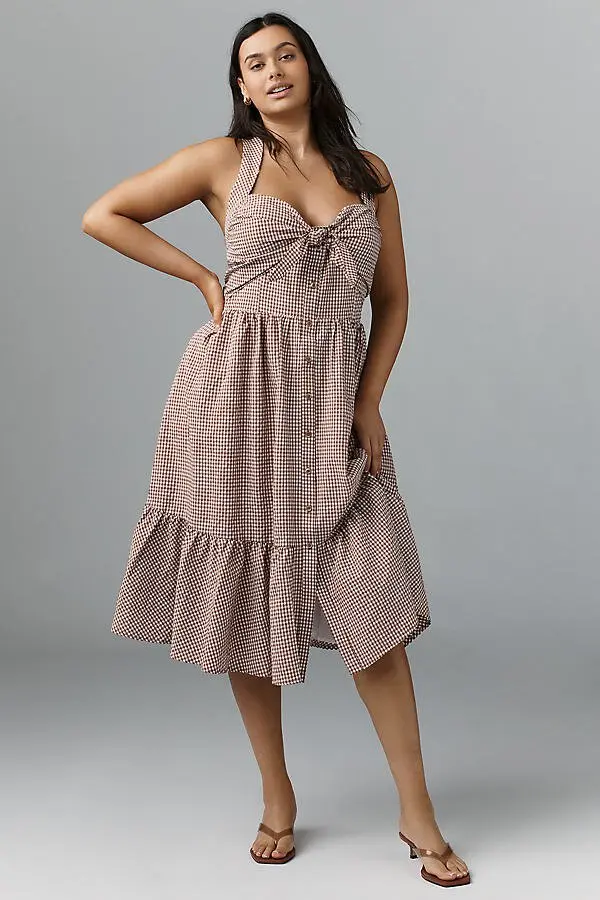 Maeve Halter Bow-Front Midi Dress In Brown Gingham - 66% Off | Editorialist
