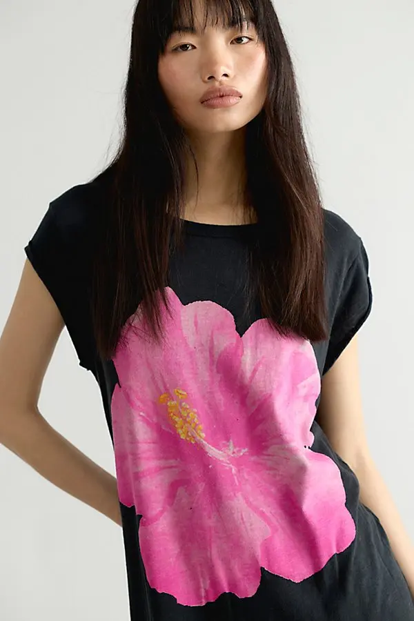 RAGABOND Floral Graphic Maxi Tee With Side Slit - Black